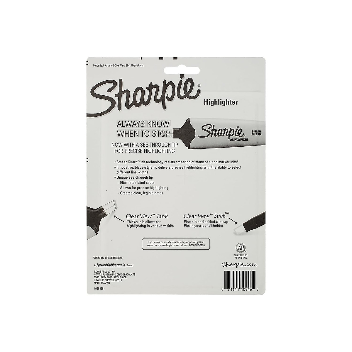 SHARPIE Highlighter, Clear View Highlighter with See-Through Chisel Tip, Stick Highlighter, Assorted, 8 Count
