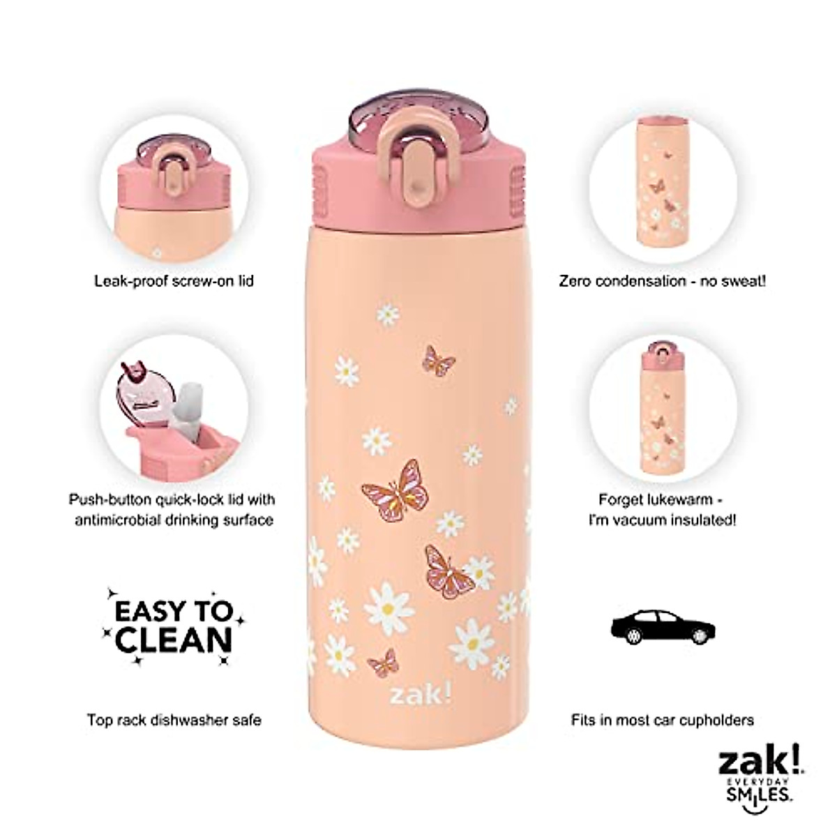 Zak Designs Water Bottle for Travel and At Home, 19 oz Vacuum Insulated Stainless Steel with Locking Spout Cover, Built-In Carrying Loop, Leak-Proof Design (Daisies)