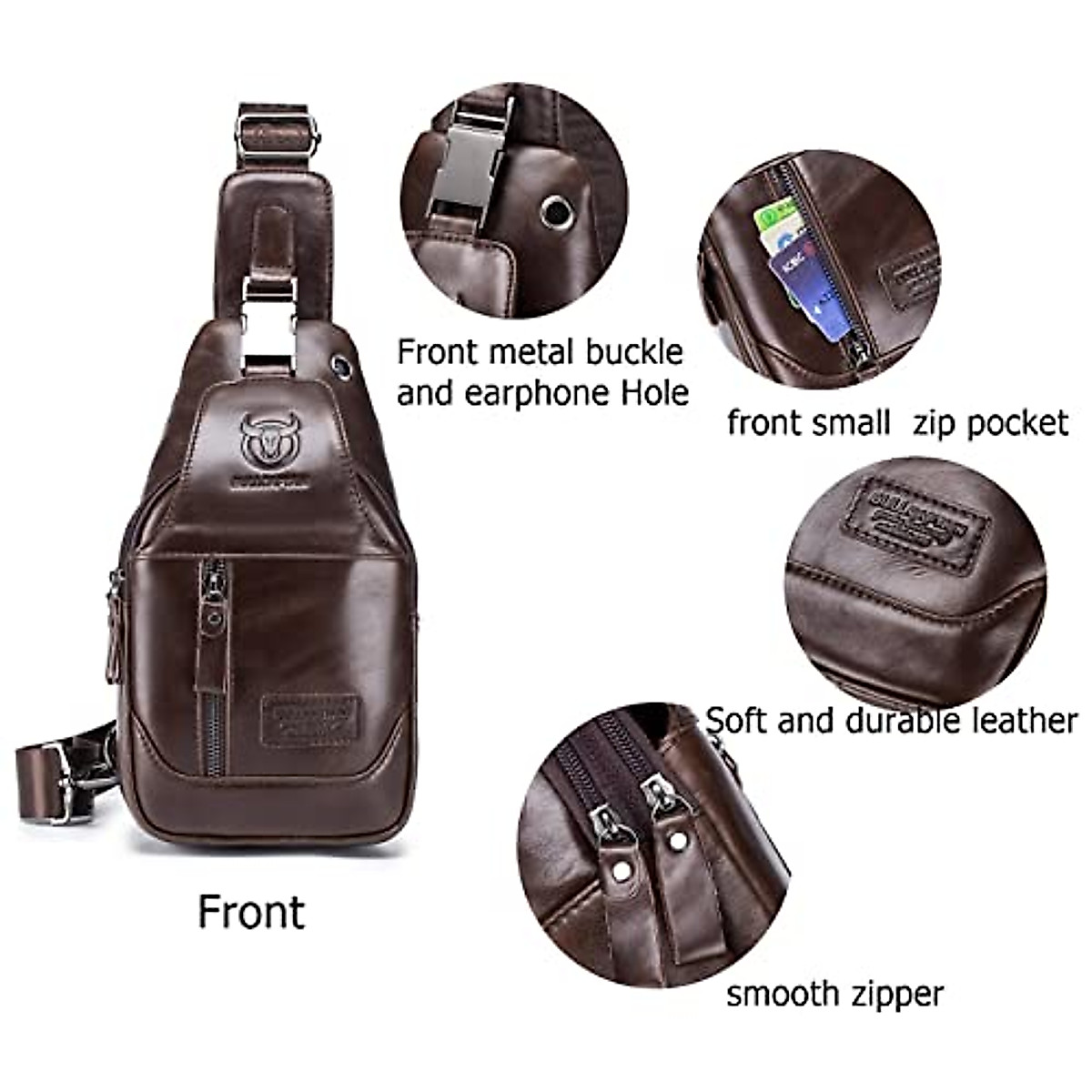 BULLCAPTAIN Genuine Leather Sling Chest Bag Multi-pockets Men Crossbody Bag Travel Casual Small Shoulder Backpack (Dark brown)