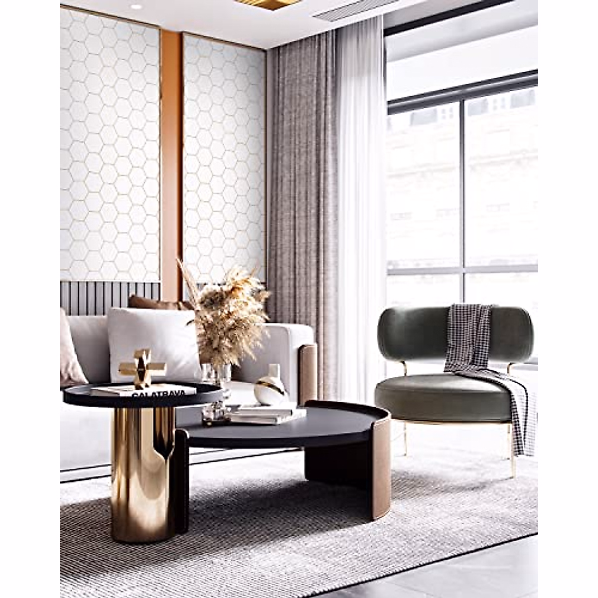 Fiula Gold and White Geometric Wallpaper Peel and Stick Wallpaper Hexagon White Wallpaper 17.3”×78.7”Decorative Shelf Drawer Liner Roll Waterproof