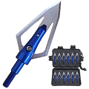 e5e10 Steel Flat Broadheads with 2 Blades 100 Grain Hunting Arrow Tips Screw Thread 0.9" Cut Archery Arrowheads + 1 pcs Black Broadhead Case Plastic Portable Case for Arrowheads (12pcs) (Blue)