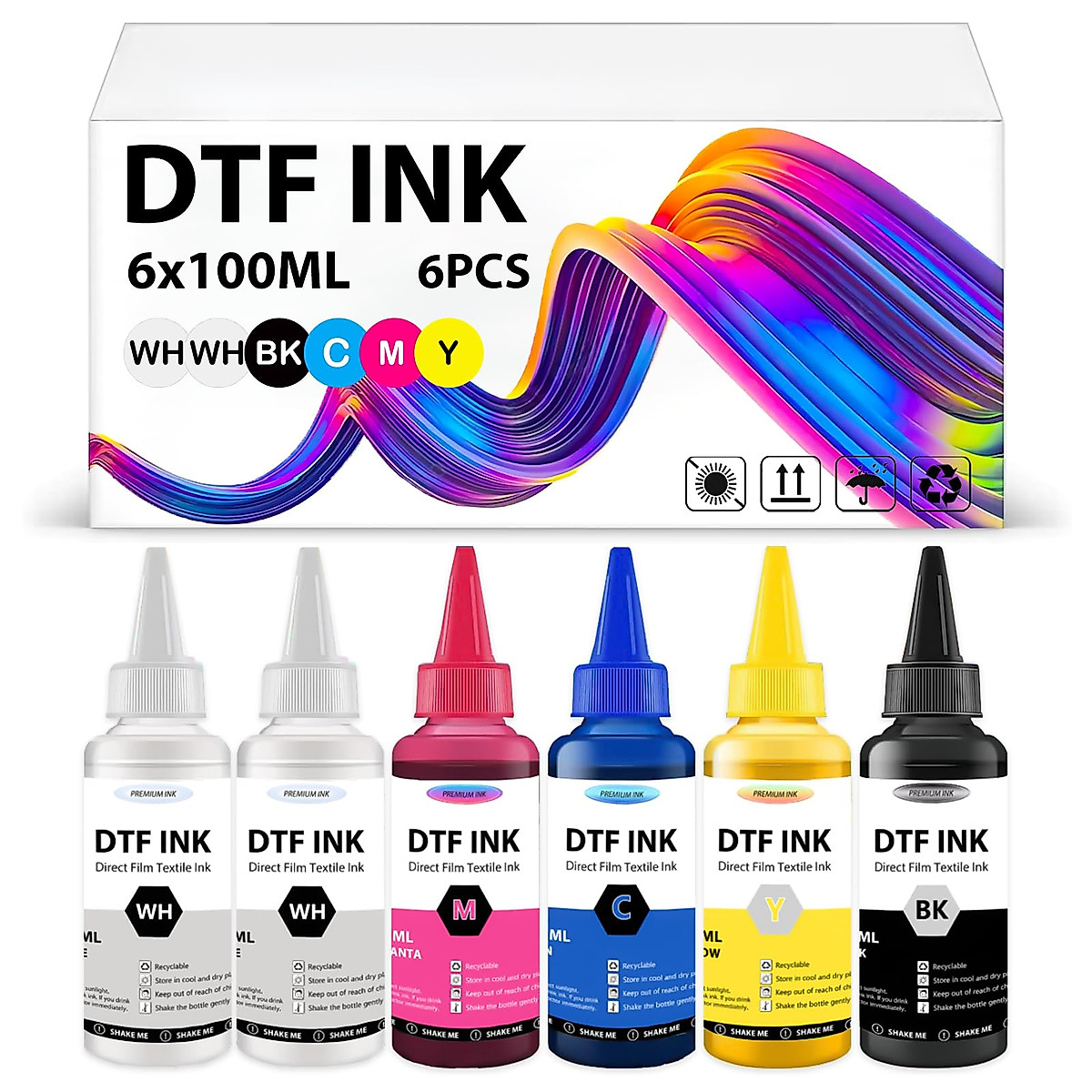 Kminoteh DTF Ink 600ML DTF Transfer Ink for PET Film, Premium Pigment Ink Refill for ET-8550 XP15000 L800 L805 R1800 R2400 Printers, High Fluidity & Coverage (100ML*6, 2W+BKCMY)
