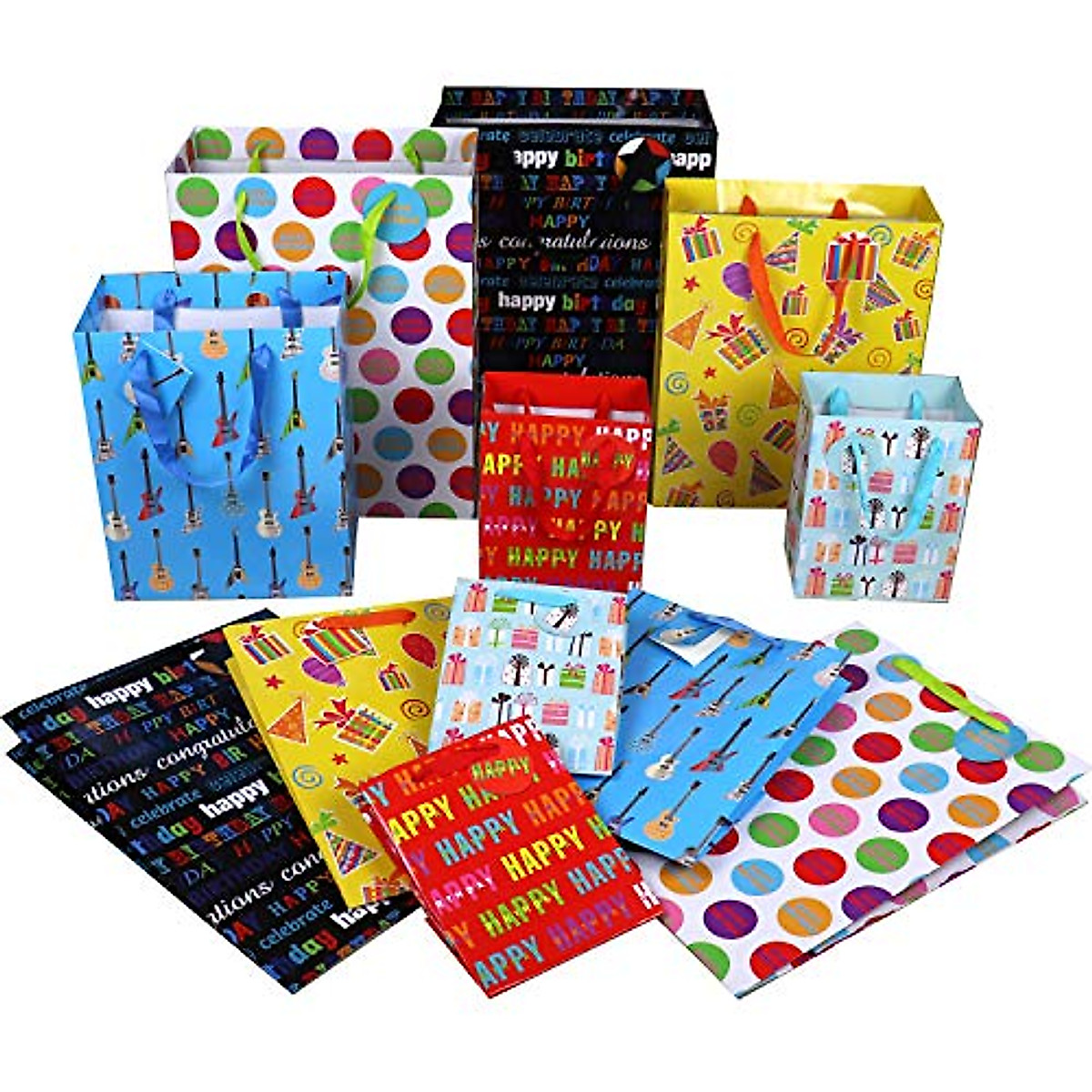 12 Pcs Birthday Gift Bags, Large, Medium and Small Gift Bags Assortment for Boys, Girls, Women, Men (Assorted Sizes)