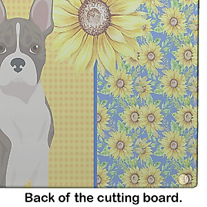 Caroline's Treasures WDK5337LCB Summer Sunflowers Brindle Boston Terrier Glass Cutting Board Large Decorative Tempered Glass Kitchen Cutting and Serving Board Large Size Chopping Board