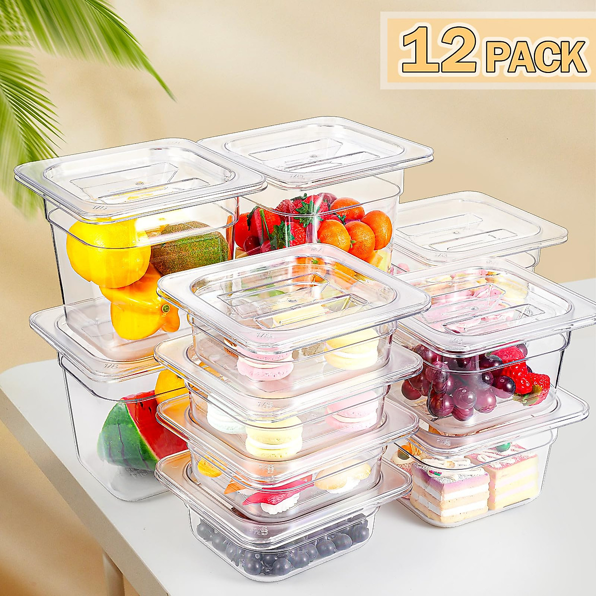Tioncy 12 Pcs Clear Food Pans with Lids Salad Bar Containers Plastic Pan Salad Bar Containers Commercial Food Storage Transparent Hotel Pans for Vegetables Fruits Beans Corns 2.5'' 4'' 6'' Deep