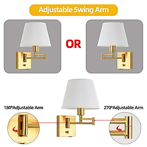 Affsure Bedside Wall Mount Light with Dimmable Switch, Swing Arm Fabric Shade Wall Sconce Light with USB Port and Plug in Cord, Gold Wall Lamp for Bedroom, Living Room and Hotel