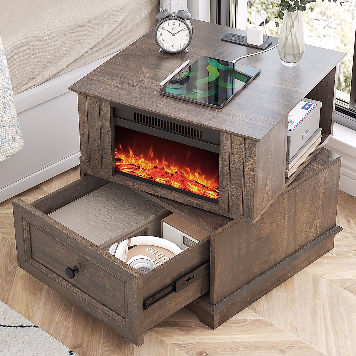 REDAYFUR Rotating End Table with 13" Electric Fireplace Screens, Side Table with Fast Charging Station, 1400W Fireplace End Table with Storage, Wooden Side Table for Living Room, Bedroom, Office