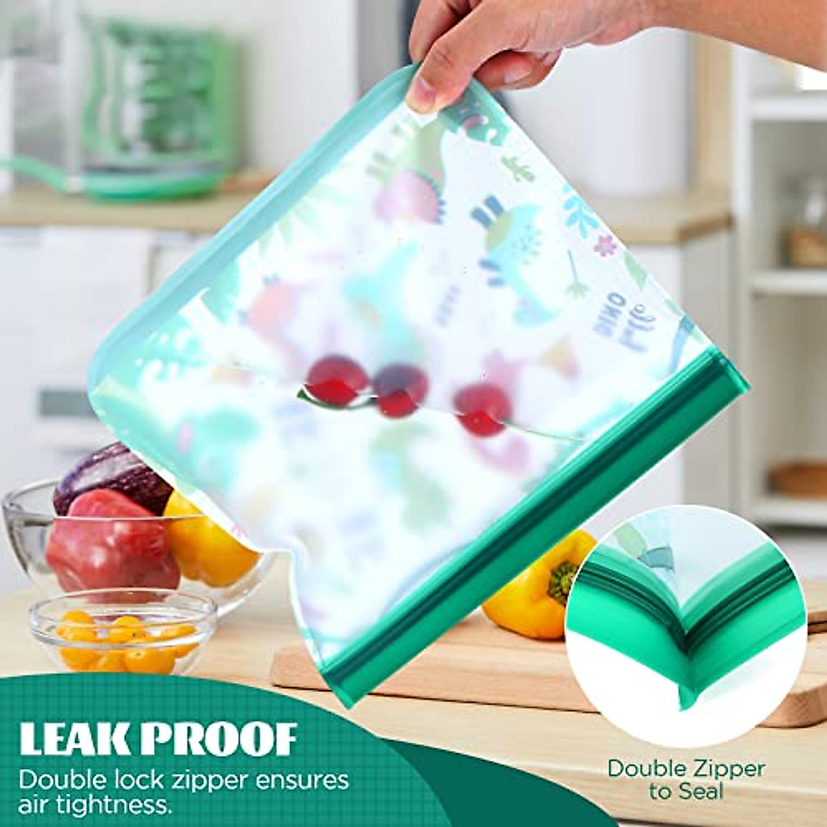 Rumia 12 Pack Reusable Food Storage Bags Dinosaur Silicone Sandwich Bags Snack Bags Leakproof Freezer Bags with Zipper Travel/Home Organization Waterproof Reusable Food Storage Bag