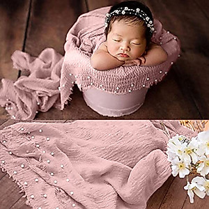 SPOKKI 2 PCS Baby Props Photography Wrap Kit, Newborn Photography Props, Handmade Pearl Wrap Blanket for Baby Photo Props with Pearl Headband, 35.5 X 67 inch Newborn Outfits for Photography (Pink)