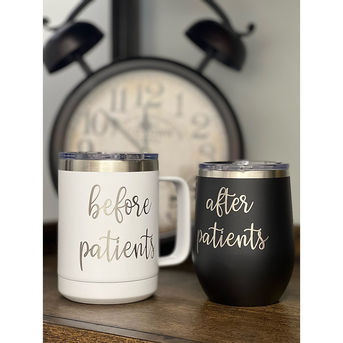 Before Patients, After Patients Engraved Stainless Steel 15 oz Coffee Mug, 12 oz Stemless Wine Glass Set - Unique Gift Idea for Doctor, Physician, Nurse, Hygienist, Medical, Dental - Graduation Gifts