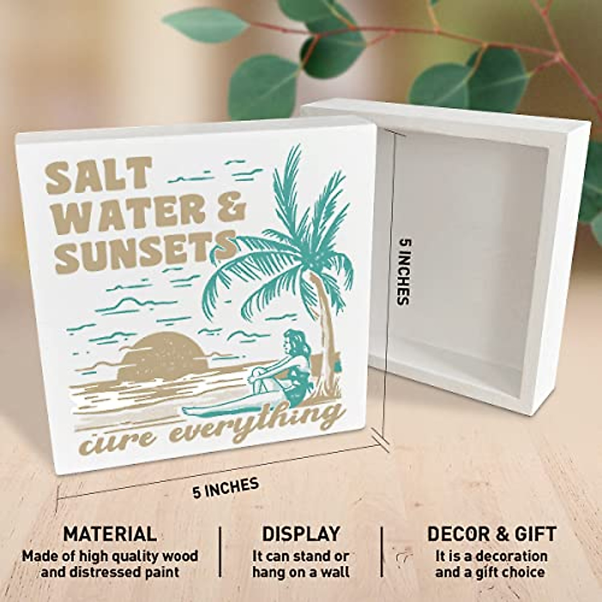 Farmhouse Beach Wooden Box Sign, Salt Water and Sunsets, Summer Beach Decor for Home Bedroom Bathroom, Inspirational Beach House Ocean Nautical Decoration, Beach House Gifts for Women Men New House