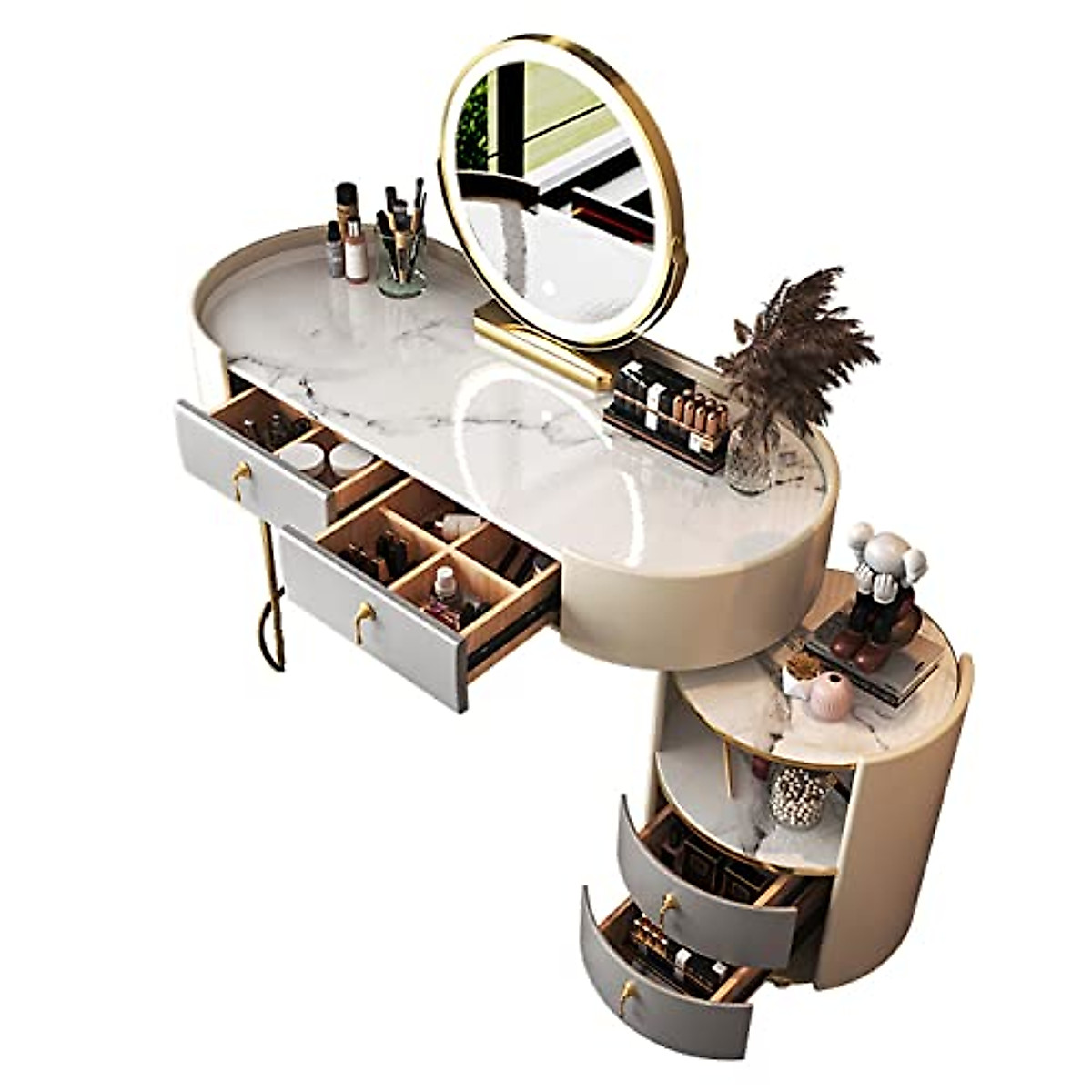 Makeup Vanity Table with Lighted Mirror and Velvet Chair, Large Vanity Desk, Bedroom Dressing Table, Marble Look Table Top, Gold Metal Legs (Color : White-120cm/47.2inch)