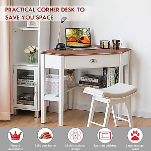 Tangkula Corner Desk, Corner Computer Desk with Drawer for Small Space, Small Corner Makeup Vanity Desk, 90 Degrees Triangle Corner Desk with Storage Shelves (Natural & White)