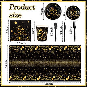 TaoBary 170 Pieces 50th Birthday Party Supplies Disposable Dinnerware Set with Plates Napkins Cups Banner 50th Birthday Tablecloth Black and Gold Party Decoration for Men and Women, Serves 24