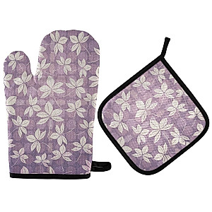 480F Heat Resistant Oven Mitts and Pot Holders Lilac Abstract Flower Soft Cotton Lining Gloves for Cooking, Baking, Microwave, BBQ, Kitchen