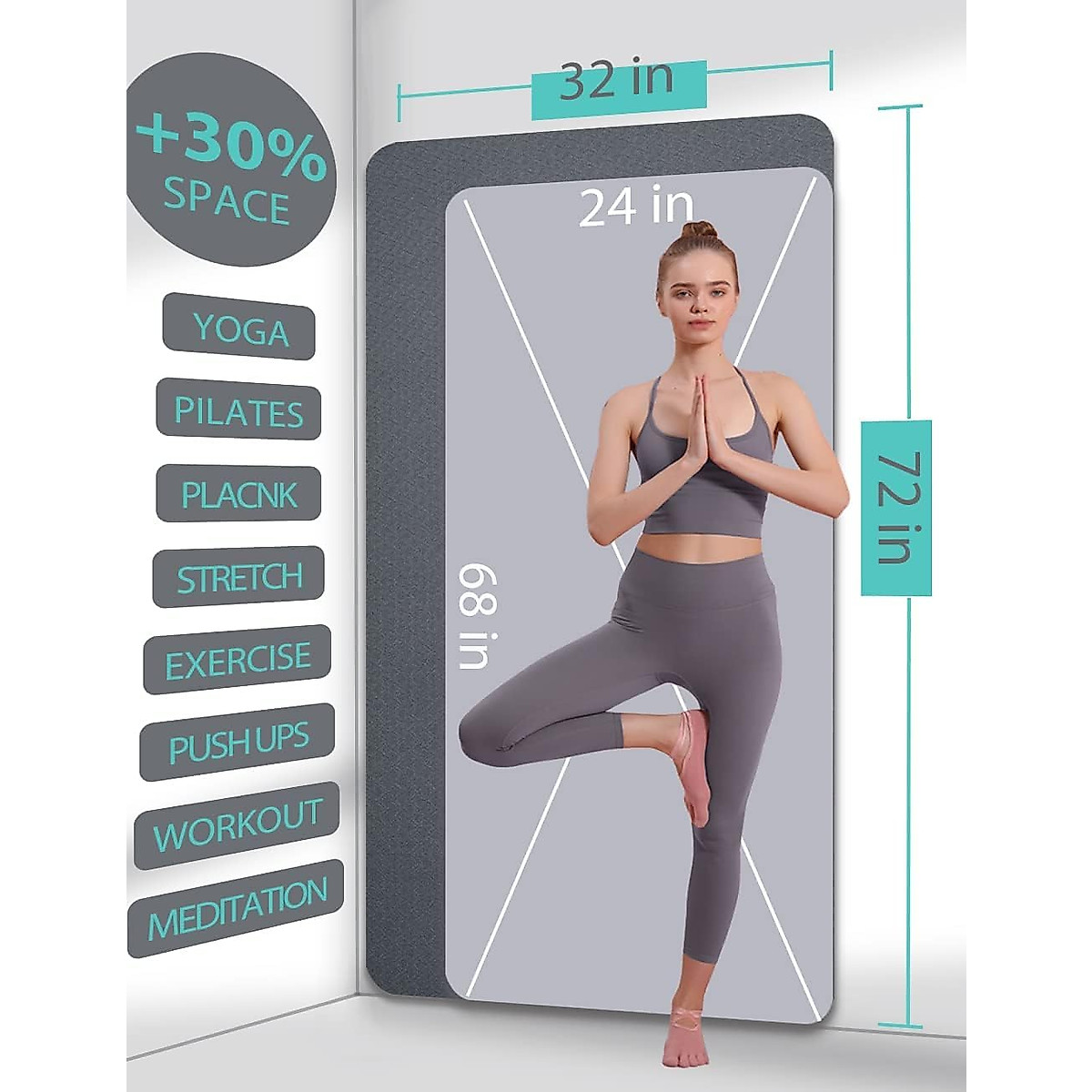 Yoga Mat Double-Sided Non Slip, 72'' x 32'' x 7mm - Extra Wide & Thick Yoga Mat with Strap, Ideal for Men Women Kids, Professional TPE Yoga Mats for Home Workout, Pilates and Floor Exercises