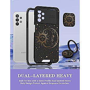 Goocrux (2in1 for Samsung Galaxy A32 5G Case Sun and Moon Women Girls Cute Stars Space Phone Cover with Slide Camera Cover+Ring Holder Fashion Golden Print Design Cases for Galaxy A 32 6.5''
