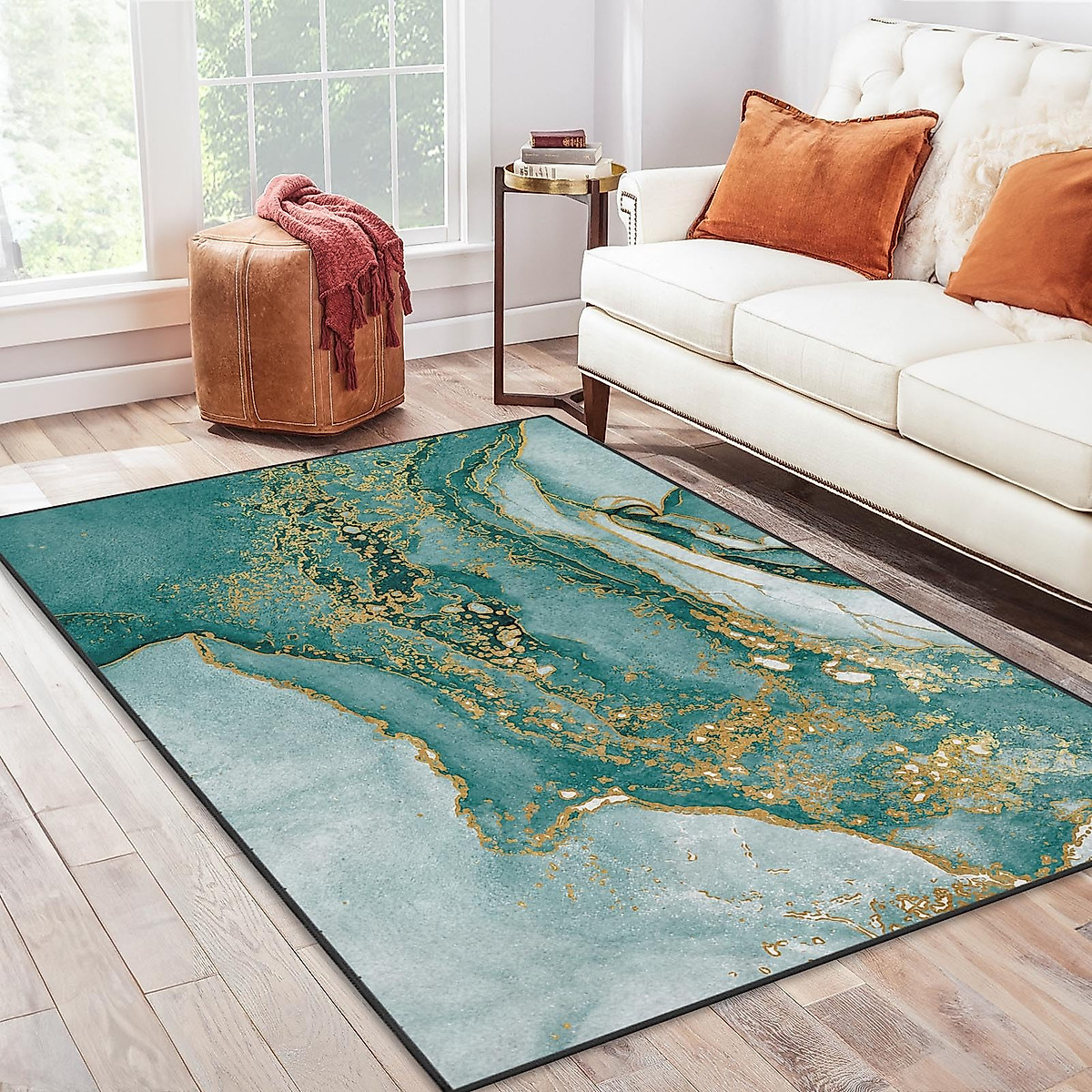 Bribay Area Rug, Washable and Non-Slip 3'x5' Navy Blue Ocean Green Gold Marble Sea Living Room Rug, Indoor Entryway Door Mat, Floor Mat Carpet for Bedroom, Kitchen Laundry, Bathroom