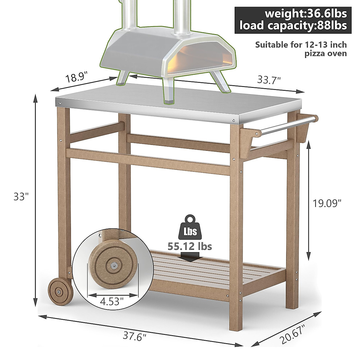 TORVA Outdoor Prep Grill Carts, 303 Stainless Steel Tabletop with High Load Capacity Portable BBQ Table, HDPE Durable Frame 2-Tier Storage Cart, Wood