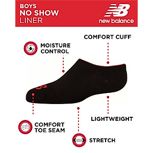 New Balance Boys' No Show Invisible Liner Socks (8 Pack), Size Medium, Black