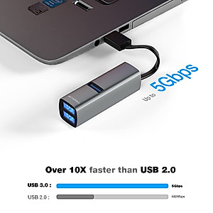 ACHORO Computer USB Hub – 3 USB Ports High Speed USB Ports – Aluminium Alloy USB 3.0 & 2.0 Laptop USB Hub- Extra USB Port for Mac and Pics - Portable Multi External USB Port Hub (USB HUB)