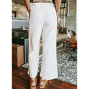 Dokotoo Women's Ladies Plus Size Fashion Summer Beach Casual Linen Elastic High Waisted Drawstring Comfy Elegant Wide Leg Loose Work Office Long Palazzo Pants for Women Trousers with Pockets White M