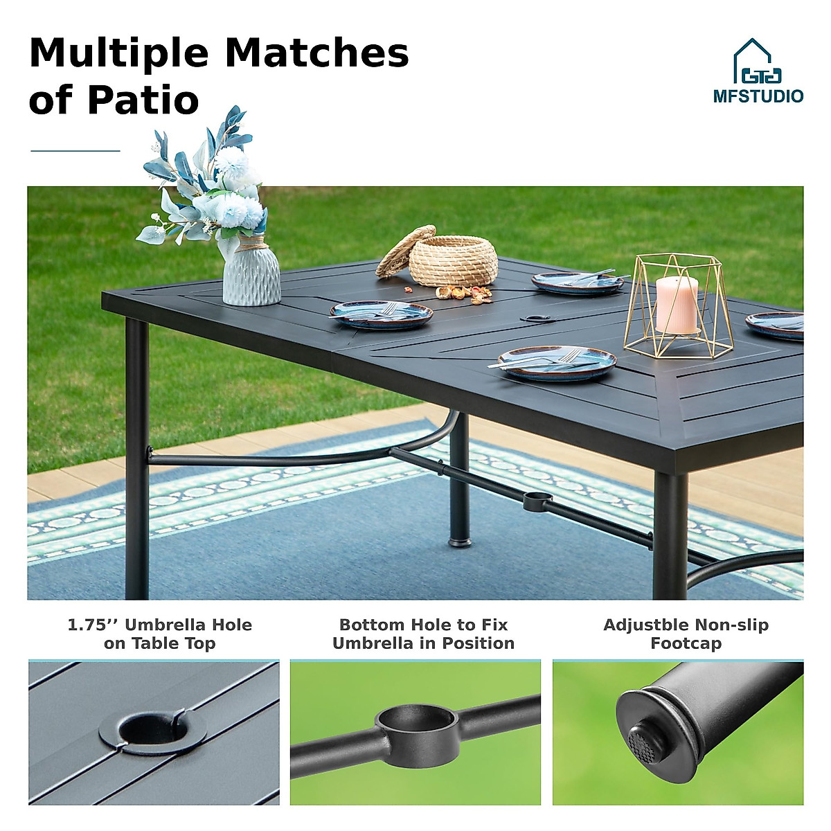 MFSTUDIO 7-Piece Metal Patio Dining Sets with 6 Steel Striped Armrest Chairs and 64" Rectangular Outdoor Dining Table,1.7" Umbrella Hole (Black)