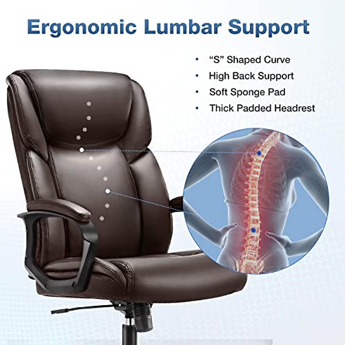 Office Chair - Ergonomic Home Office Chair High Back Executive Computer Desk Chair, Adjustable Height and Tilt Swivel Rocking PU Leather Comfortable Chairs with Wheels Armrest for Adults, Brown