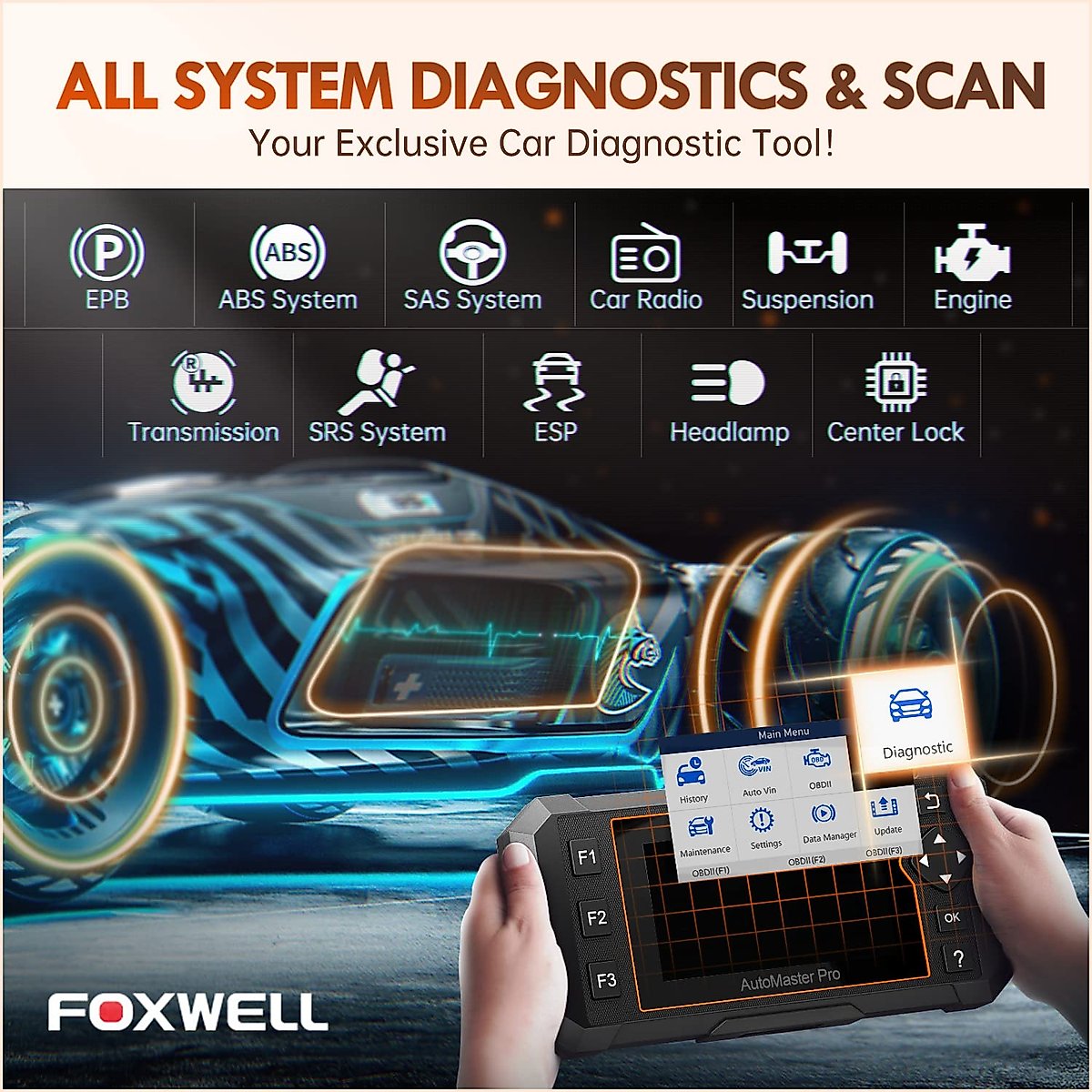 FOXWELL Car Scanner NT624 Elite All System OBD2 Scanner Diagnostic Tool 8 Reset Code Reader ABS/SAS/TPS/Oil/EPB/BRT Scanner for Car Free Update Car Diagnostic Scanner for All Cars with Battery Test