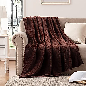 Bertte Decorative Stripe Lightweight Fleece Cozy Sofa Bed Seasons Throw 330 GSM Soft Plush Fuzzy Warm Fluffy Blanket, 50"x 60", Brown