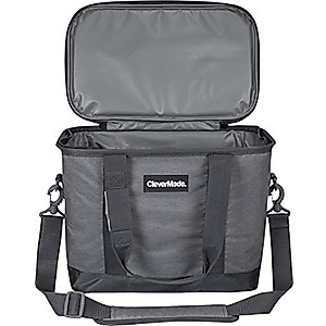 CleverMade Collapsible Cooler Bag with Shoulder Strap: Insulated Leakproof 30 Can Portable Soft Beverage-Tote with Bottle Opener for Camping, Lunch, Beach, Picnic; Grey/Charcoal