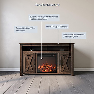 BELLEZE Modern 48" Barn Door Wood TV Stand with 18" Electric Fireplace Heater & Media Entertainment Center Console Table for TV up to 50" with Two Open Shelves and Cabinets - Corin (Dark Walnut)