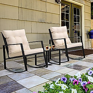 IJIALIFE 3 Piece Rocking Bistro Set, Patio Wicker Rocking Chair, Outdoor Rattan Rocker Chair with Glass Coffee Table, Wicker Rocker Chair for Garden, Porch, Backyard (Beige)