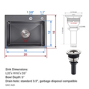 ROVOGO 20x16x9 in. Top Mount Single Bowl Kitchen Sink with 2 Hole, 304 Stainless Steel Handmade Drop-in Bar Prep Small Sink, Black