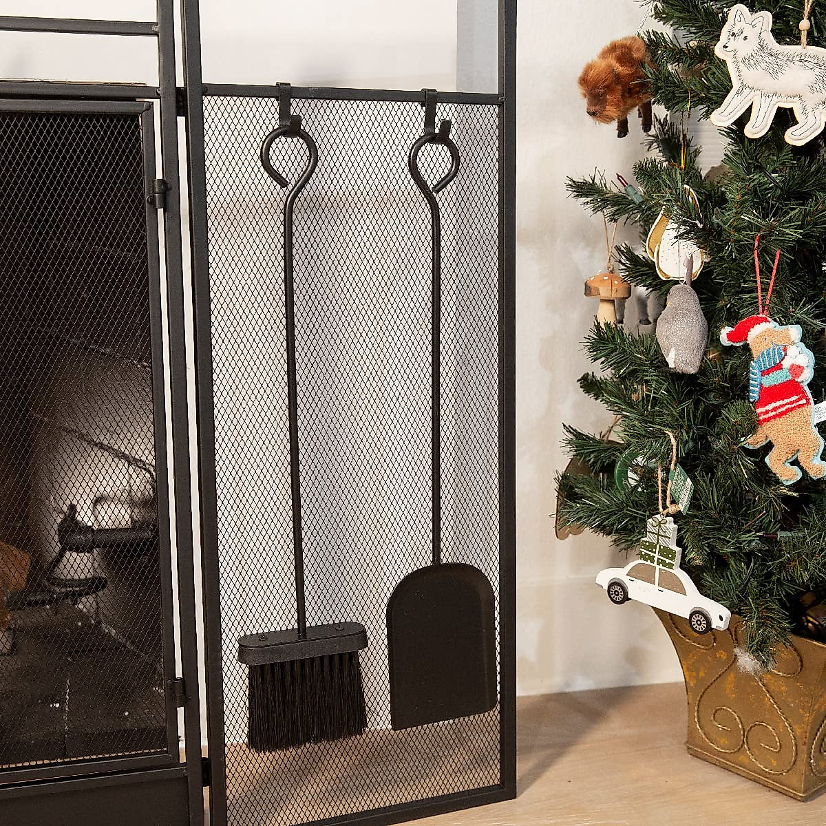 Barton 3-Panel Folding Fireplace Screen W/Magnetic Doors and 4-Pieces Fire Place Tools Set Home Steel Fire Spark Guard, Black