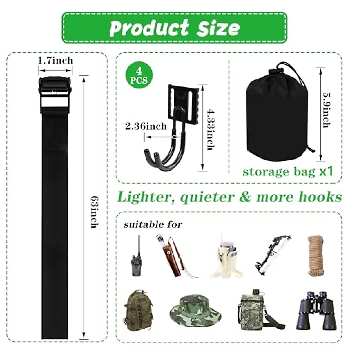 whumsdog Bow Hanger for Tree Stand, Treestand Strap Hunting Gear Hanger, Bow Hunting Tree Stand Accessories Holder with 4 Metal Hooks for Gears Bow Quiver Backpack Tree Saddle