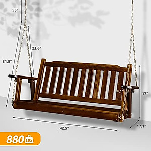 VINGLI Heavy Duty 880 LBS 4 FT Patio Wooden Porch Swing with Upgraded Adjustable Chains, Outdoor Handing Swing Bench for Garden, Yard, Balcony (Rustic Brown)