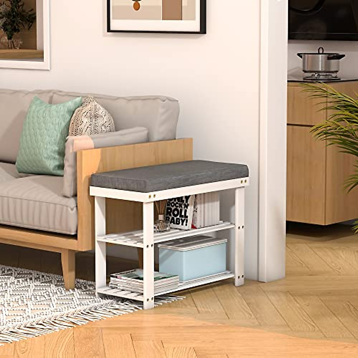 Domax White Shoe Rack Bench for Entryway - Bench with Shoe Storage Front Door Shoe Bench with Cushion Upholstered Padded Seat 3 Tier Bamboo Shoe Holder for Indoor Entrance Hallway Bedroom Living Room
