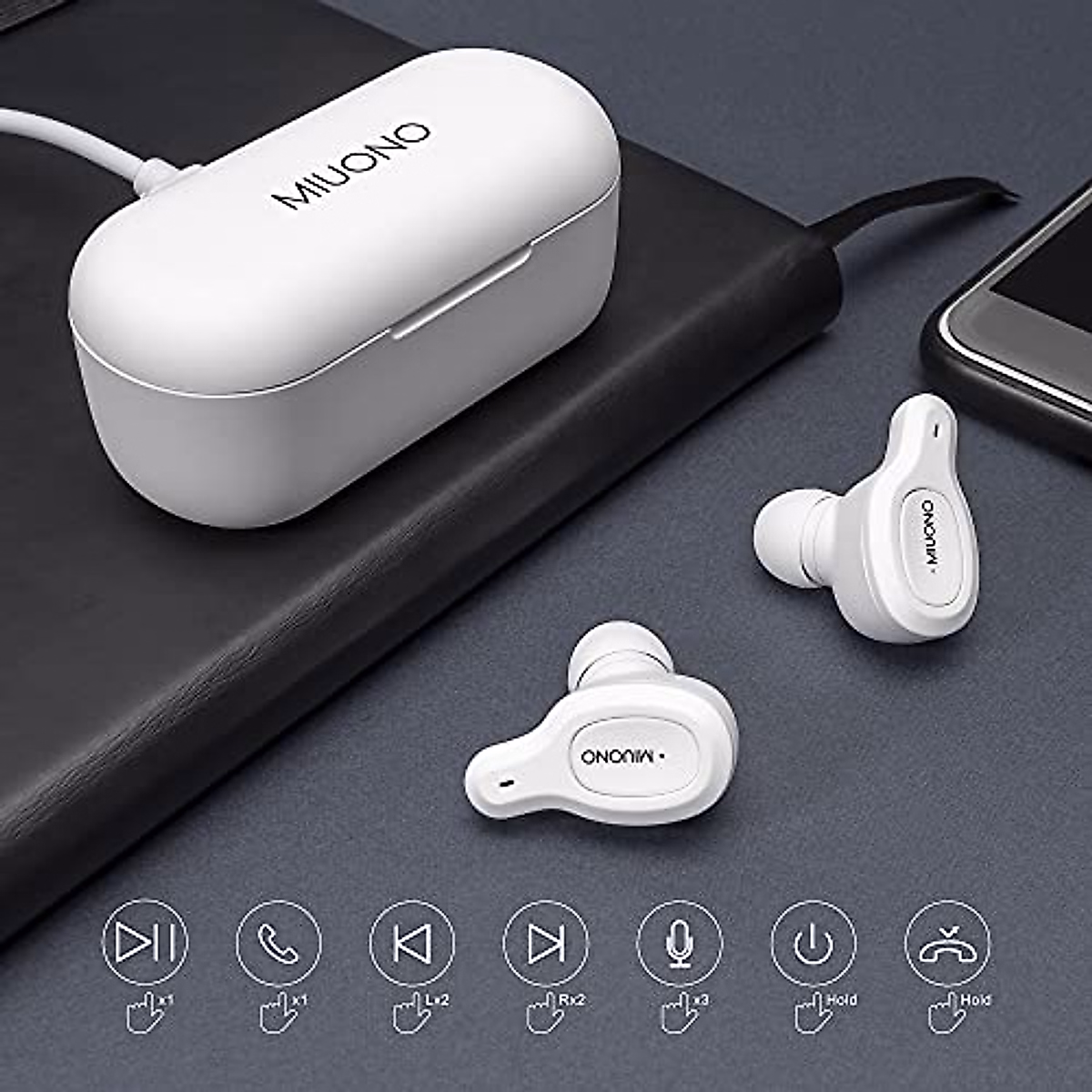 MIUONO Wireless Ear Buds, T1 Bluetooth Earbuds with Microphone, Type-C Charging Case Stereo Enhanced Deep Bass TWS Earphones for Sport