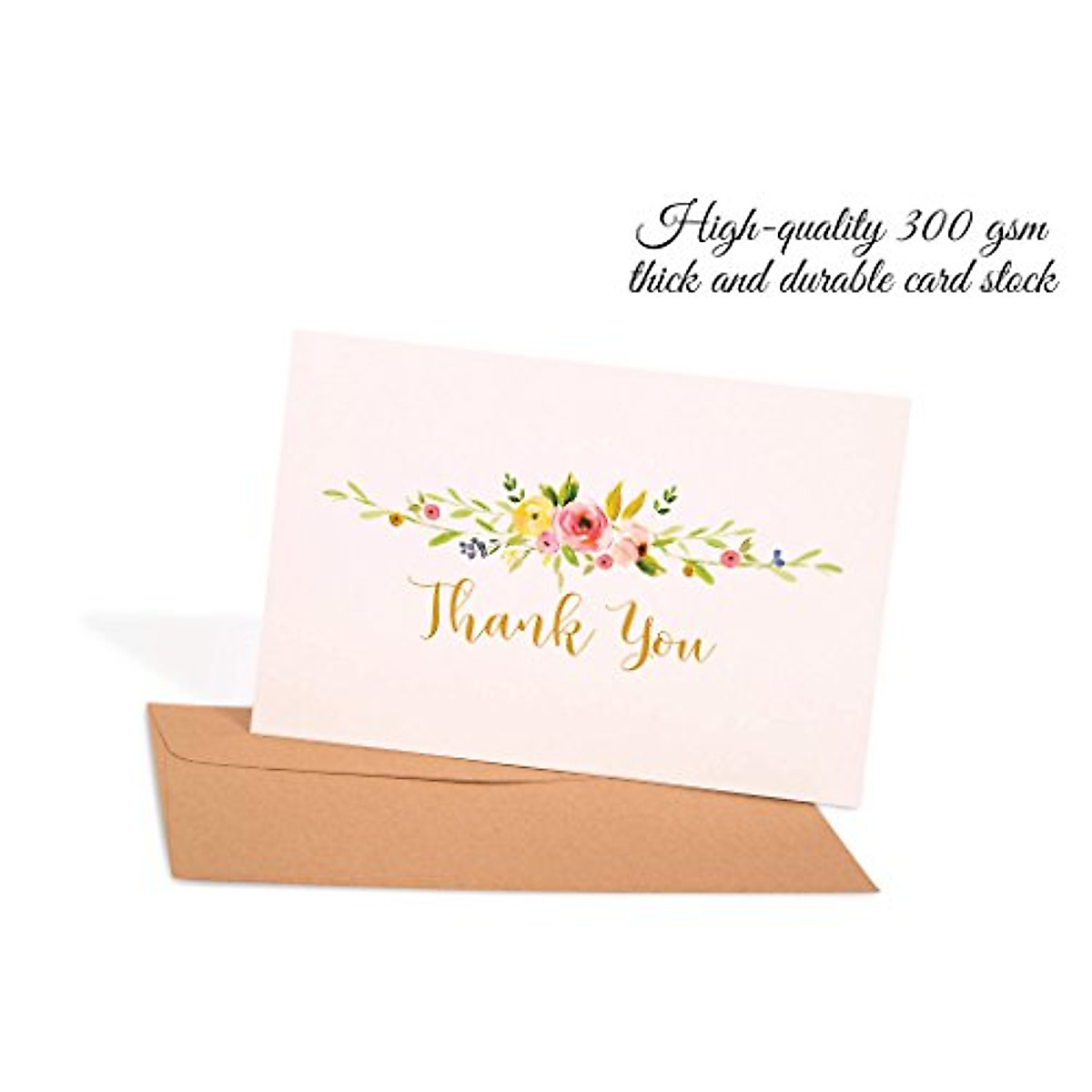 40 Floral & Gold Thank You Cards | Thank You Notes Bulk Box Set with Kraft Envelopes & Stickers | Large 4 x 6" White Greeting Cards Blank Inside | For Wedding, Graduation, Men & Women Sympathy