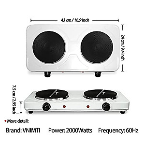 VNIMTI 2000W Countertop Burner Electric Double Hot Plate Stainless Steel Flat Burner Cast Iron Cooktop for Dorm, Office, Home, camping. Temperature Control & Compatible with All Cookware & Fast Heating & Easy to Clean & Portable Compact, White