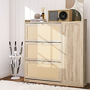 FUQARHY Shoe Cabinet with 3 Flip Drawers & Doors, Modern Slim Shoe Storage Cabinet Free Standing Shoe Organizer Shoe Rack for Boot, Sneaker, Entryway Narrow Shoe Storage for Hallway Living Room