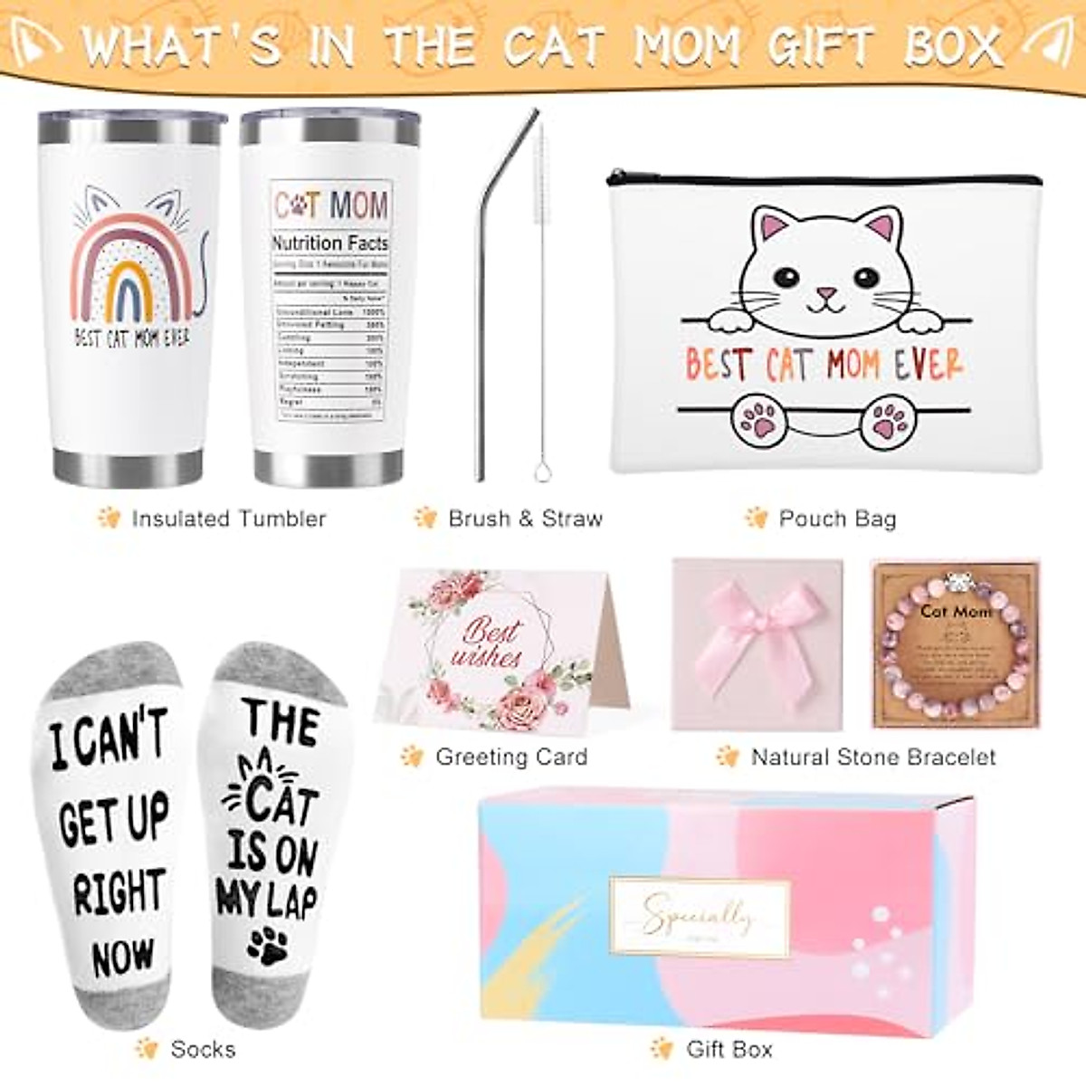 Cat Mom Gifts for Women, Cat Lover Gifts for Women, Crazy Cat Lady Christmas Gifts, Mothers Day, Birthday, Cat Gifts Basket with 20 oz Cat Tumbler, Makeup Bag, Natural Stone Bracelets, Socks