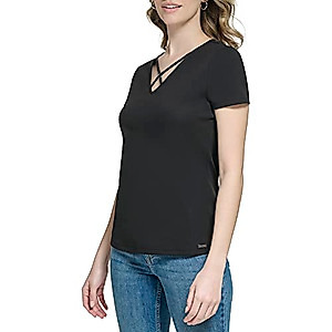 Calvin Klein Women's Knit Short Sleeve Blouse, Black, Medium