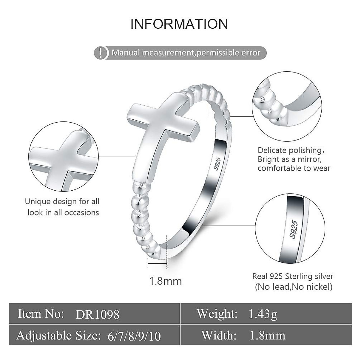 LGSY 925 Sterling Silver Cross Rings Size 6-10 for Women