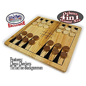 Matty's Toy Stop Deluxe 4-in-1 Reversible Chess, Checkers, Tic Tac Toe & Backgammon Wooden Board Game Set