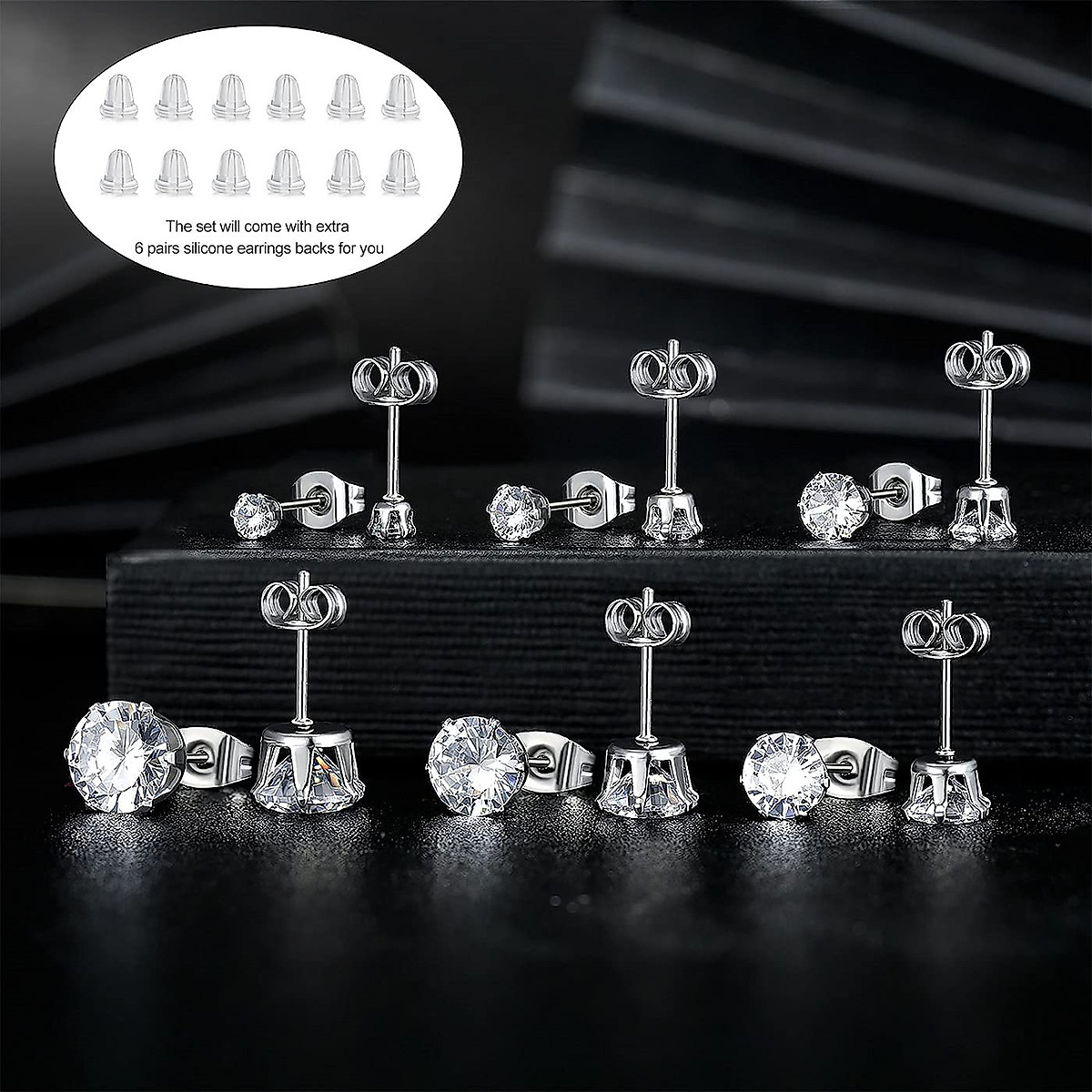 6 Pairs Stainless Steel Stud Earrings Set,Stainless Steel Hypoallergenic Cubic Zirconia Earring Stud earrings Set(6 Pairs)