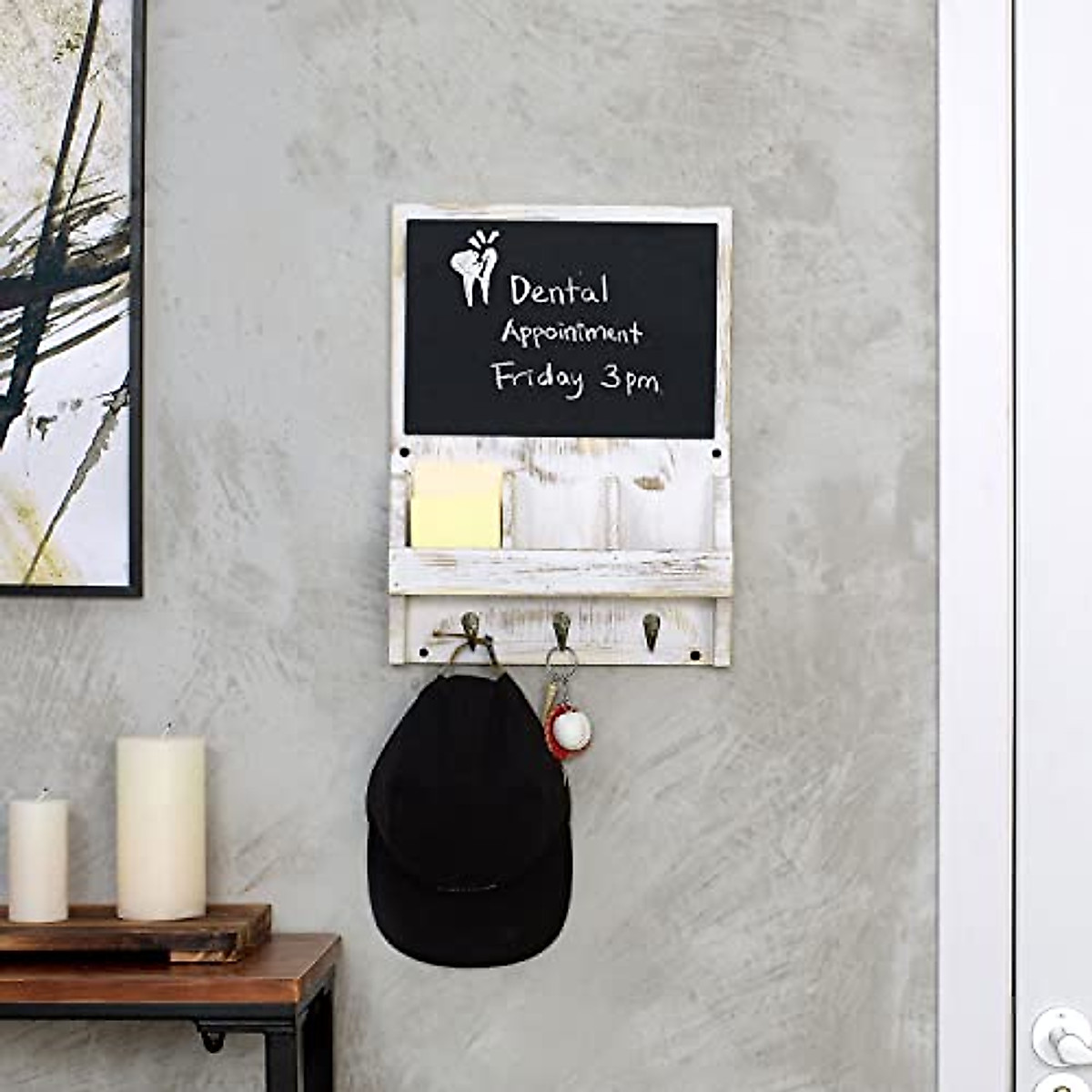 MyGift Whitewashed Wood Entryway Wall Organizer, Family Command Center Mail and Key Holder Rack with 3 Hooks, 3 Mail Slots and Chalkboard