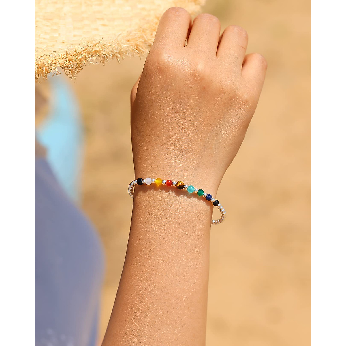 Jewever 7 Chakra Healing Bracelet with Real Stones Sterling Silver Bracelets for Women Crystals and Healing Stones Yoga Meditation Balance Stretch