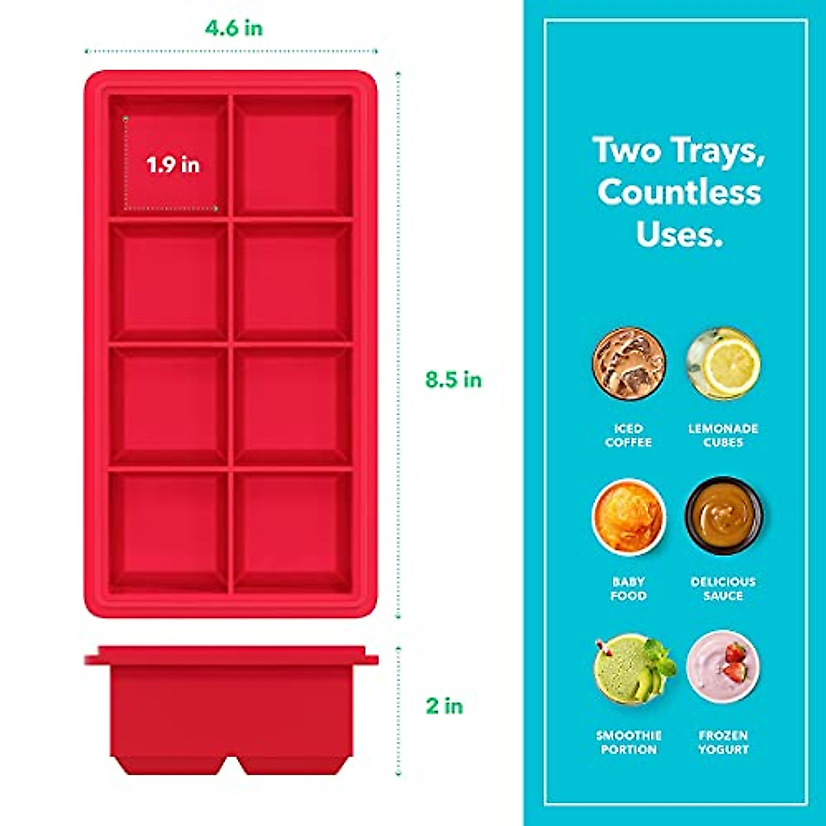 Vremi Stackable Large Ice Cube Trays — Pack of 2 Silicone Trays — 8 Cubes per Tray — Ideal for Cocktails, Frozen Treats, Soups, Sauces,and Baby Food — BPA Free with Frost Resistant Lids — Red and Blue